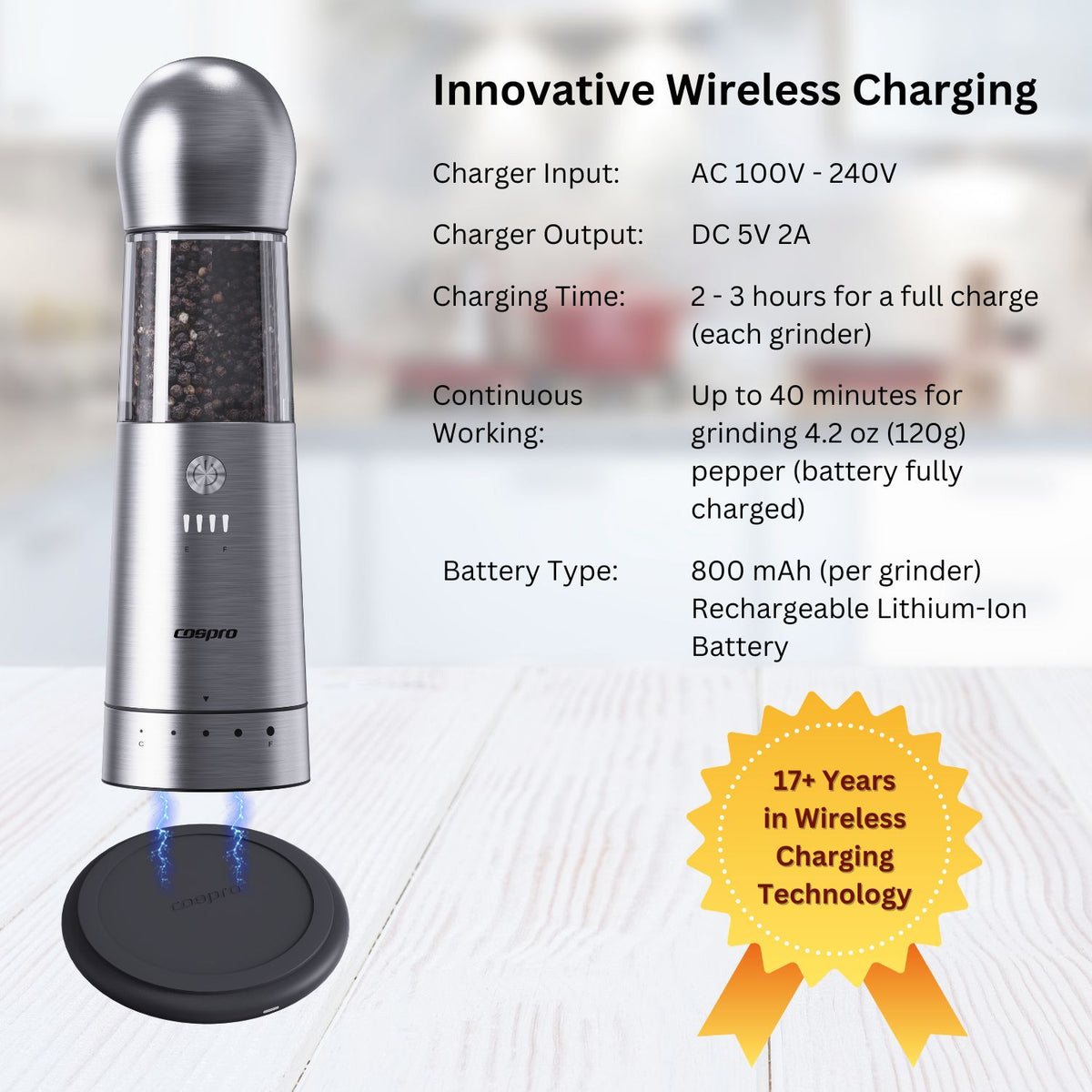COSPRO 1-Pack Electric Salt & Pepper Grinder Set with Wireless Charger – COSPRO USA